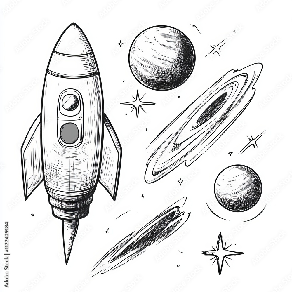Hand-drawn sketch of rocket, planets, and galaxies. Stock Illustration ...