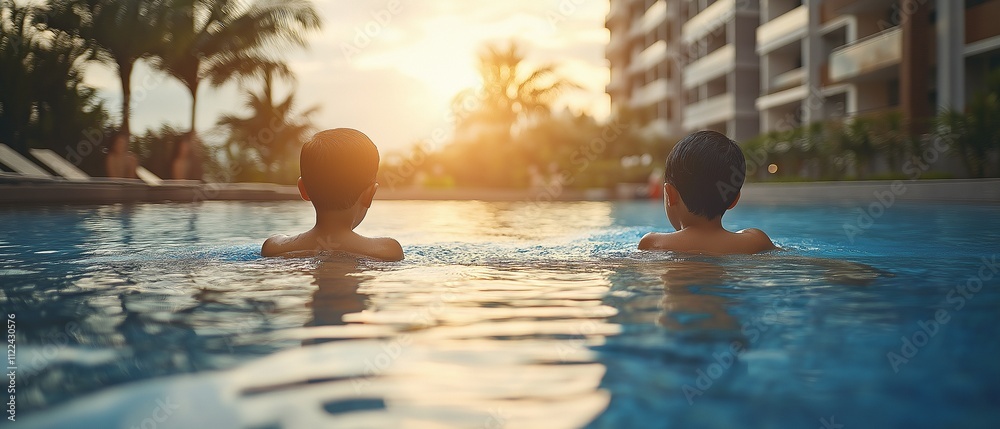Kids of a sister and brother having fun swimming in the condominium ...