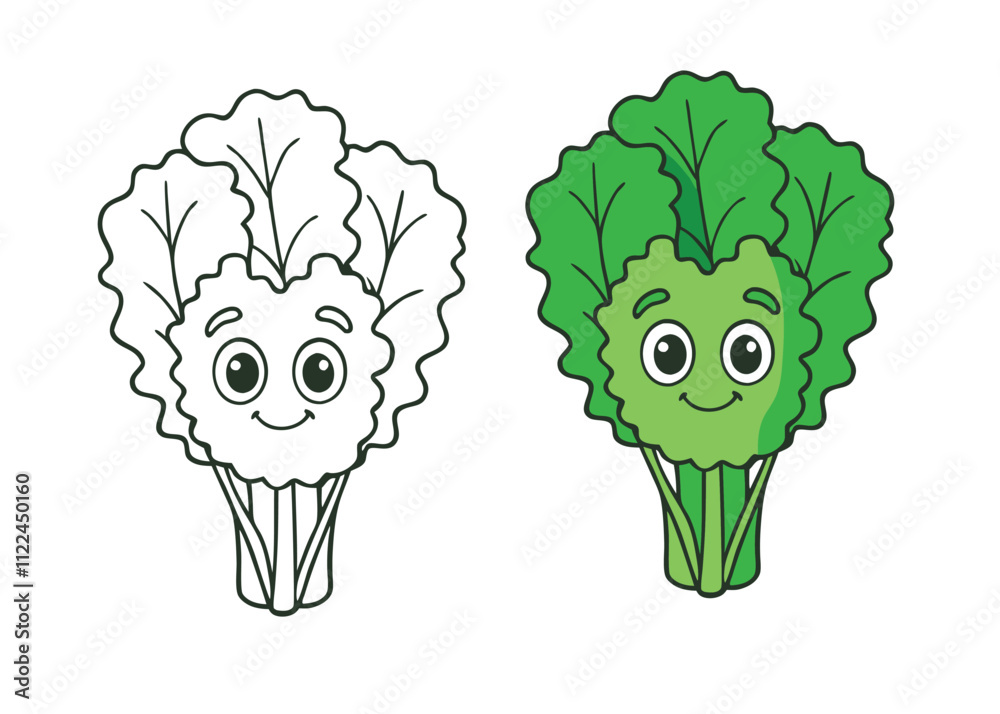 A fun kale coloring page for kids featuring leafy greens with bold ...