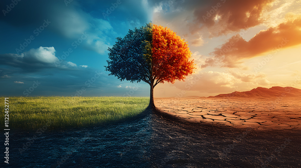 A tree is shown in two different environments, one lush and green and ...