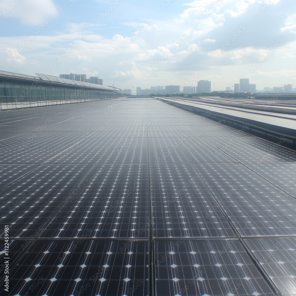 Vast solar panel array on a rooftop, city skyline in background. Stock ...