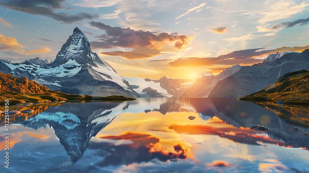 A hyper-realistic sunset over a mountain lake, with the peaks reflected ...