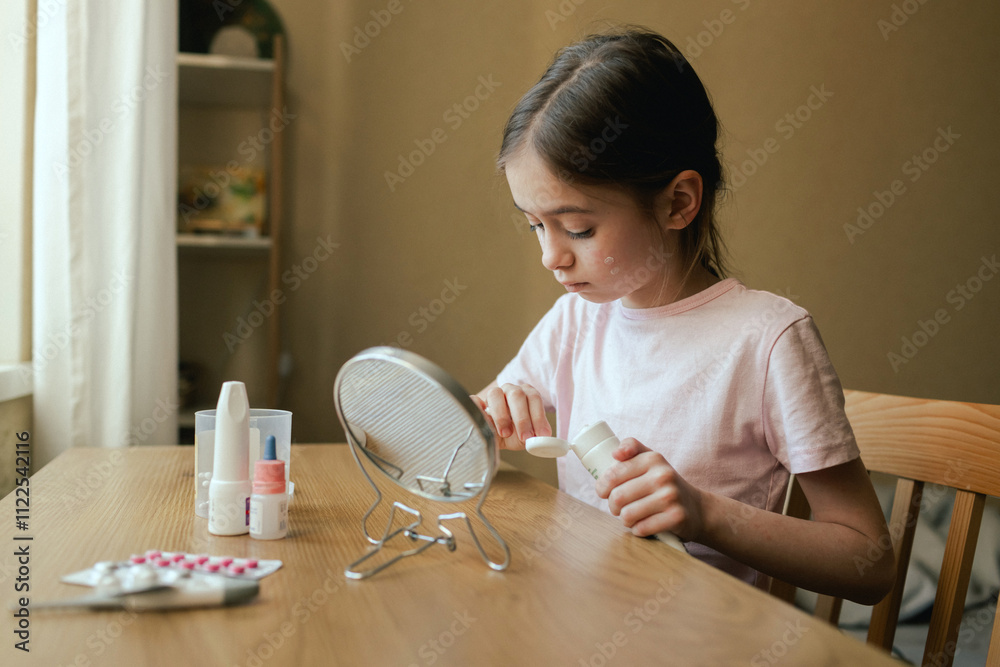 Teen girl with a rash on her face applies cream to her skin in front of ...