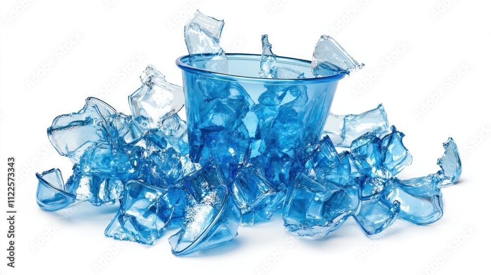 Crushed, damaged, discarded blue empty plastic cups, objects isolated ...