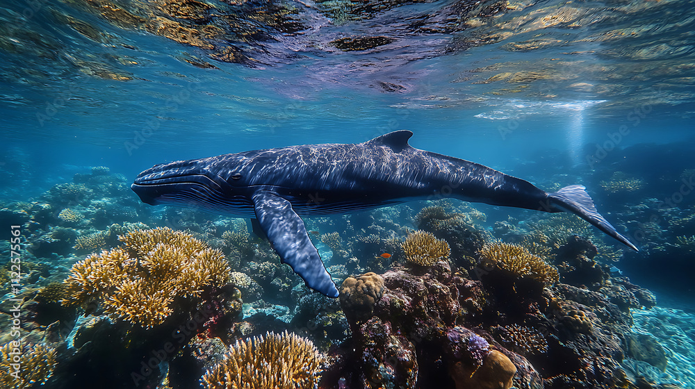 An underwater perspective of a blue whale gliding past coral reefs ...