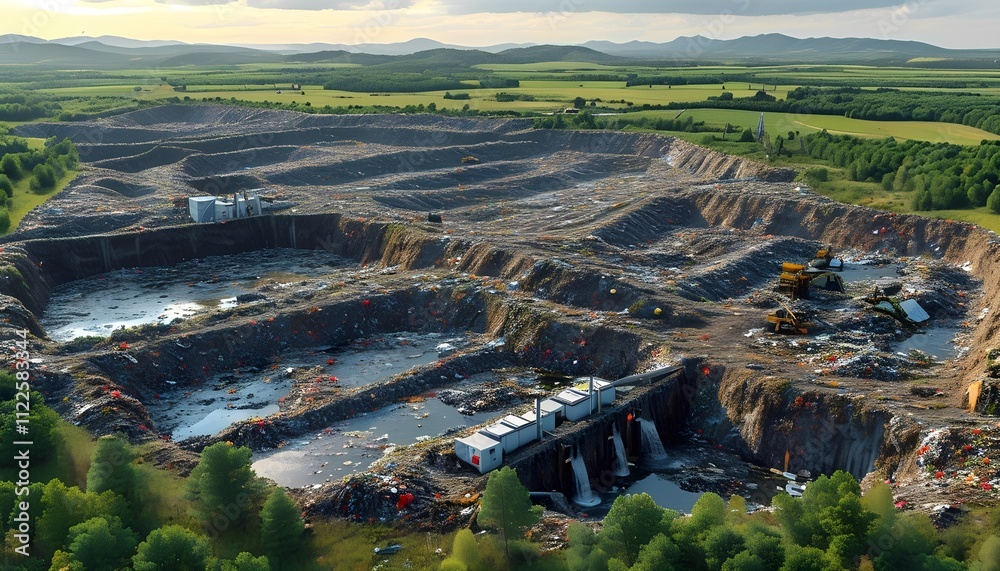 Excavation and waste management operation industrial site aerial view ...