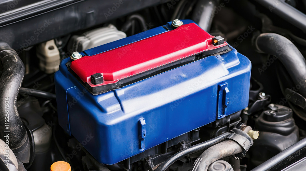 Battery replacement energy concept. A vibrant blue and red car engine ...