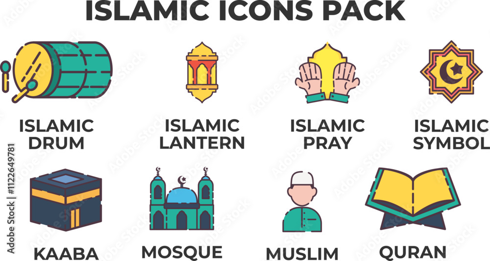 Islamic icons pack. Flat line color icon of collection of a vibrant set ...