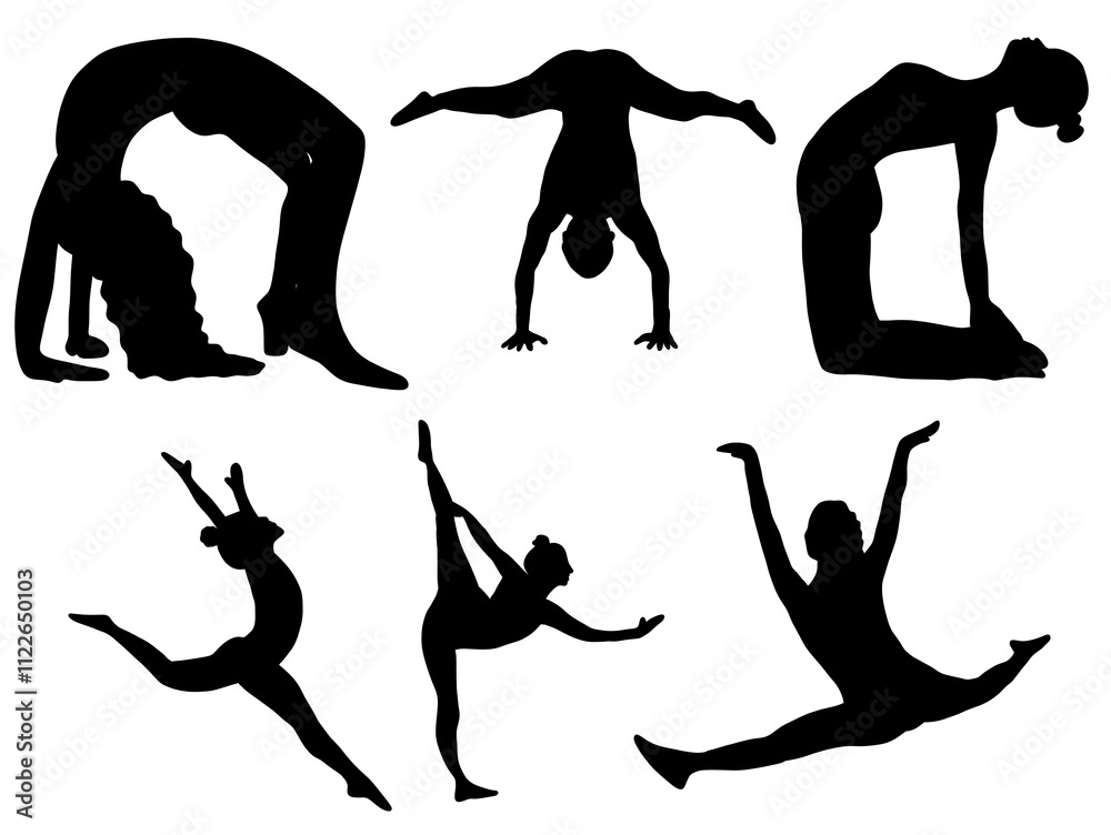 Set of gymnastic Silhouette vector illustration. Dynamic stretching ...