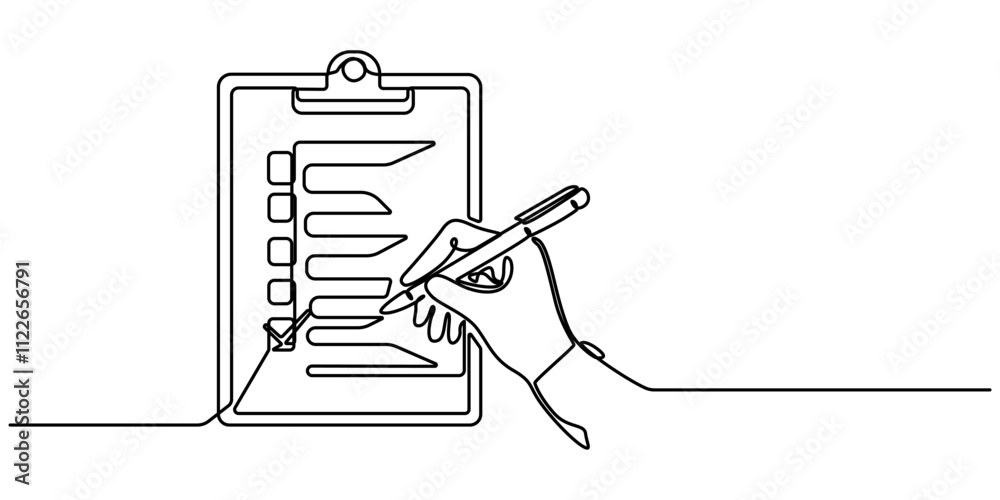 continuous single line drawing of hands holding clipboard with ...