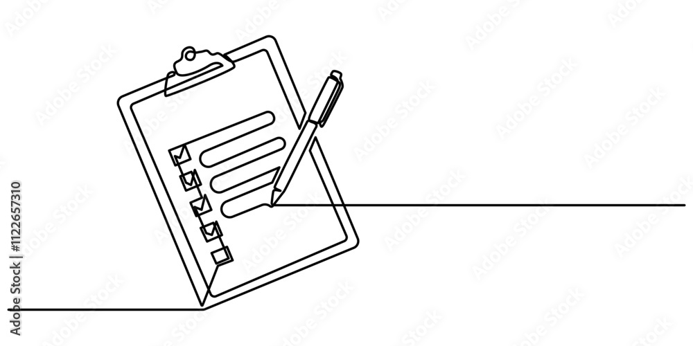 One continuous line drawing of Clipboard with checklist and pen. To do ...