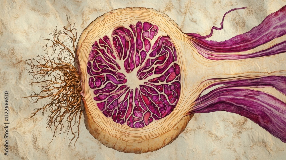 Scientific illustration of root vegetable cross-section botanical study ...
