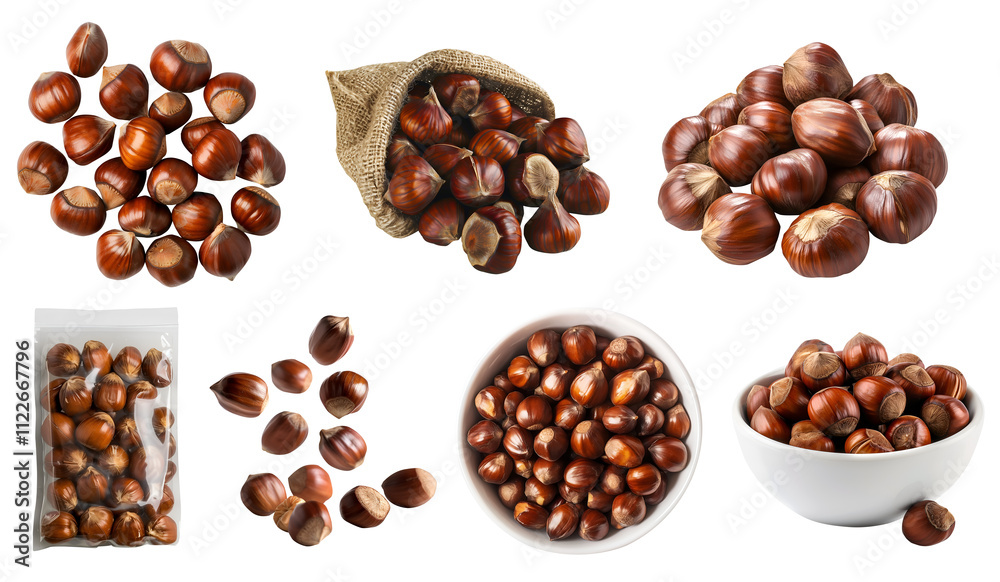 Chestnut chestnuts nut seed kernel, many angles and view side pile ...