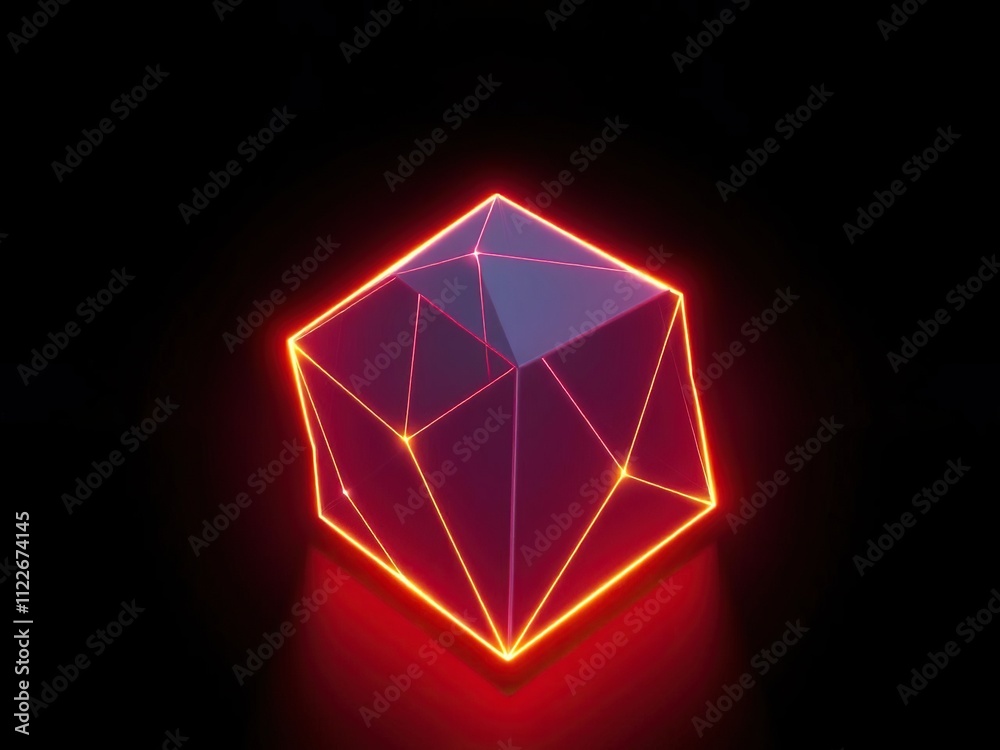 Geometric cube with glowing edges and neon lines on dark background ...