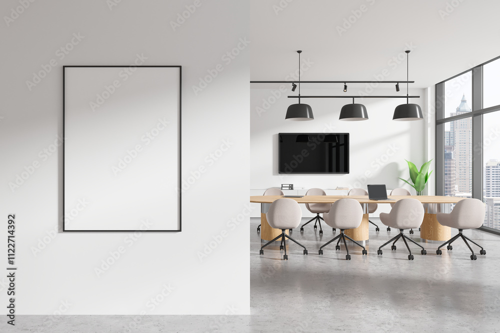 Minimalist meeting room interior with blank vertical frame and modern ...