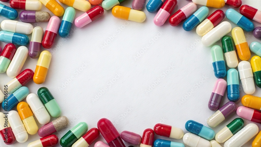 Colorful antimicrobial capsule pills arranged in a circular pattern on ...