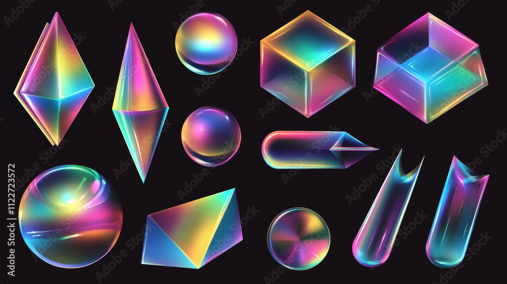 Ilustración de Stock 3d holographic iridescent metal shapes, rainbow ...