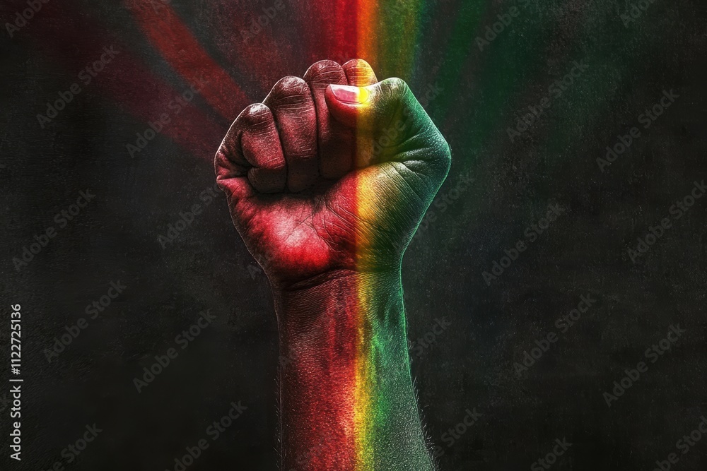Vibrant pan-african colors adorn a clenched fist, symbolizing the ...