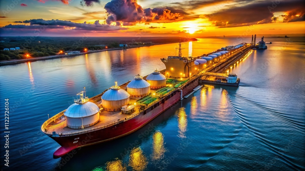 Aerial View of a Liquefied Natural Gas Carrier Tanker Loading at an Offshore LNG Terminal with ...