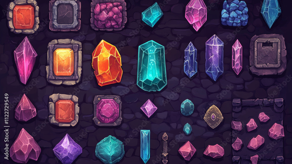 Stone UI game frame set. Rocky badges with buttons, crystals, frames ...