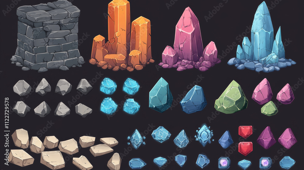 Stone UI game frame set. Rocky badges with buttons, crystals, frames ...