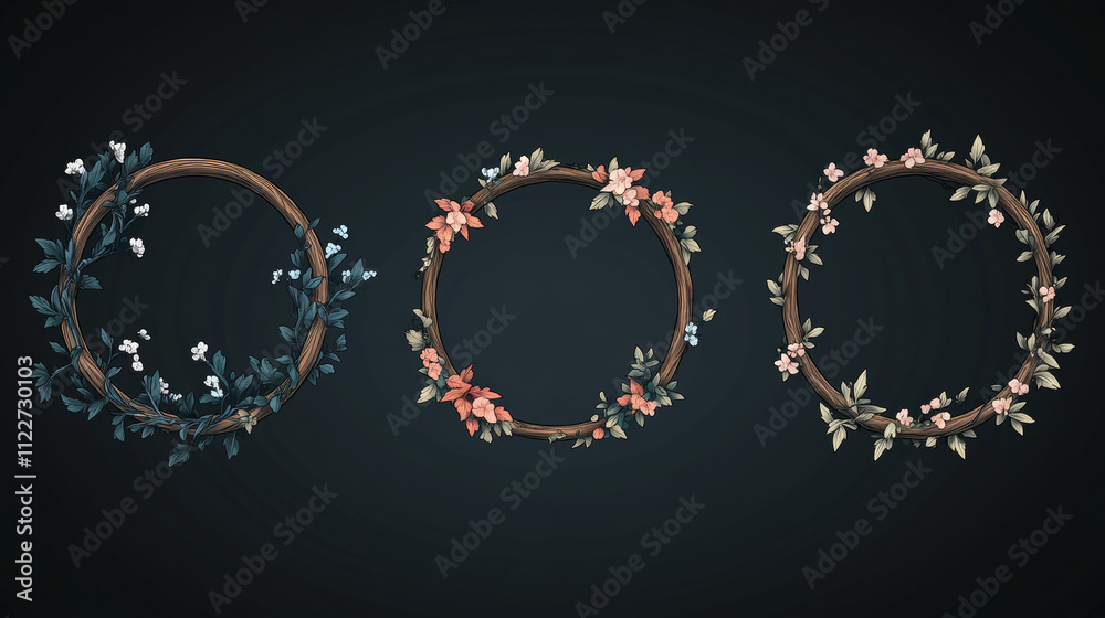 Set of round avatar frames decorated with flowers and foliage isolated ...