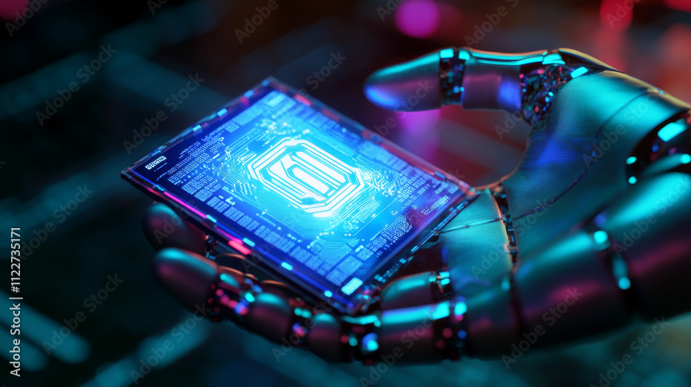 AI humanoid hand holding AI Logo on microchip hologram, Future ...