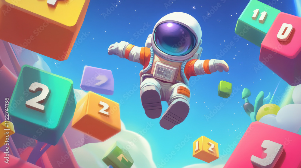 Level map for cosmic game with little astronaut run on flying platforms with numbers of stages ...