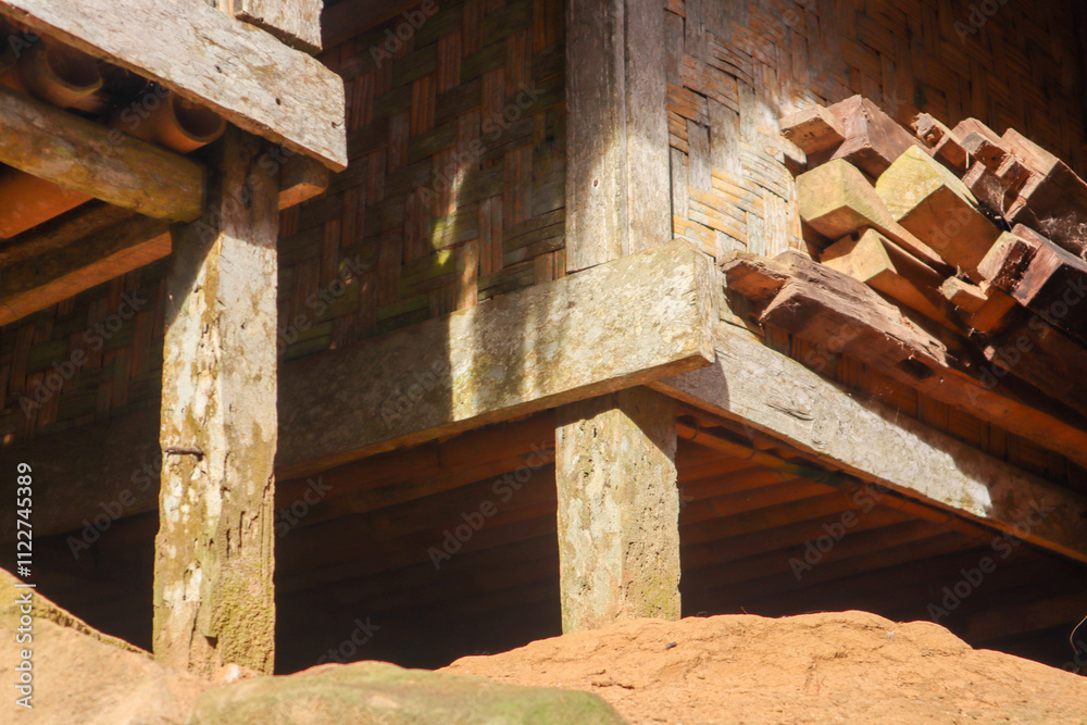 Traditional wooden house leg construction using wooden pegs instead of ...