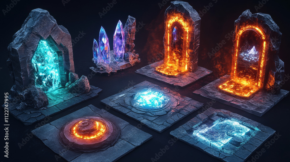 Set of magic game portals isolated on dark background. Vector cartoon ...