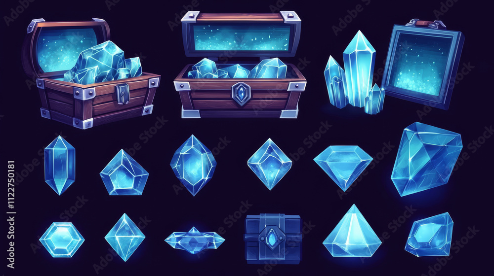 Wooden Chest set for game interface.Vector illustration.Treasure chest ...