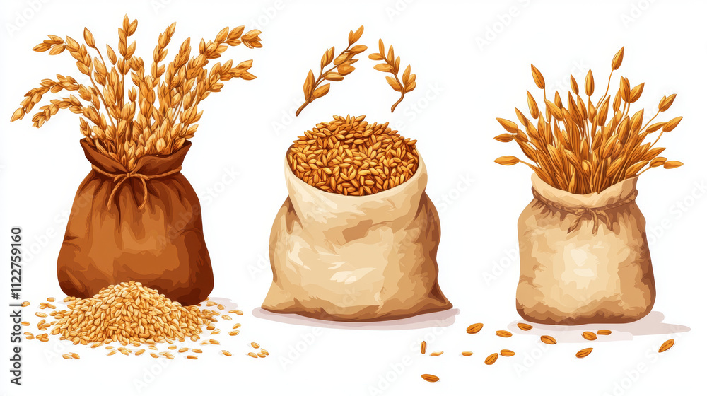 Cartoon rice bags. Full brown sack rised grain or oat, agriculture ...