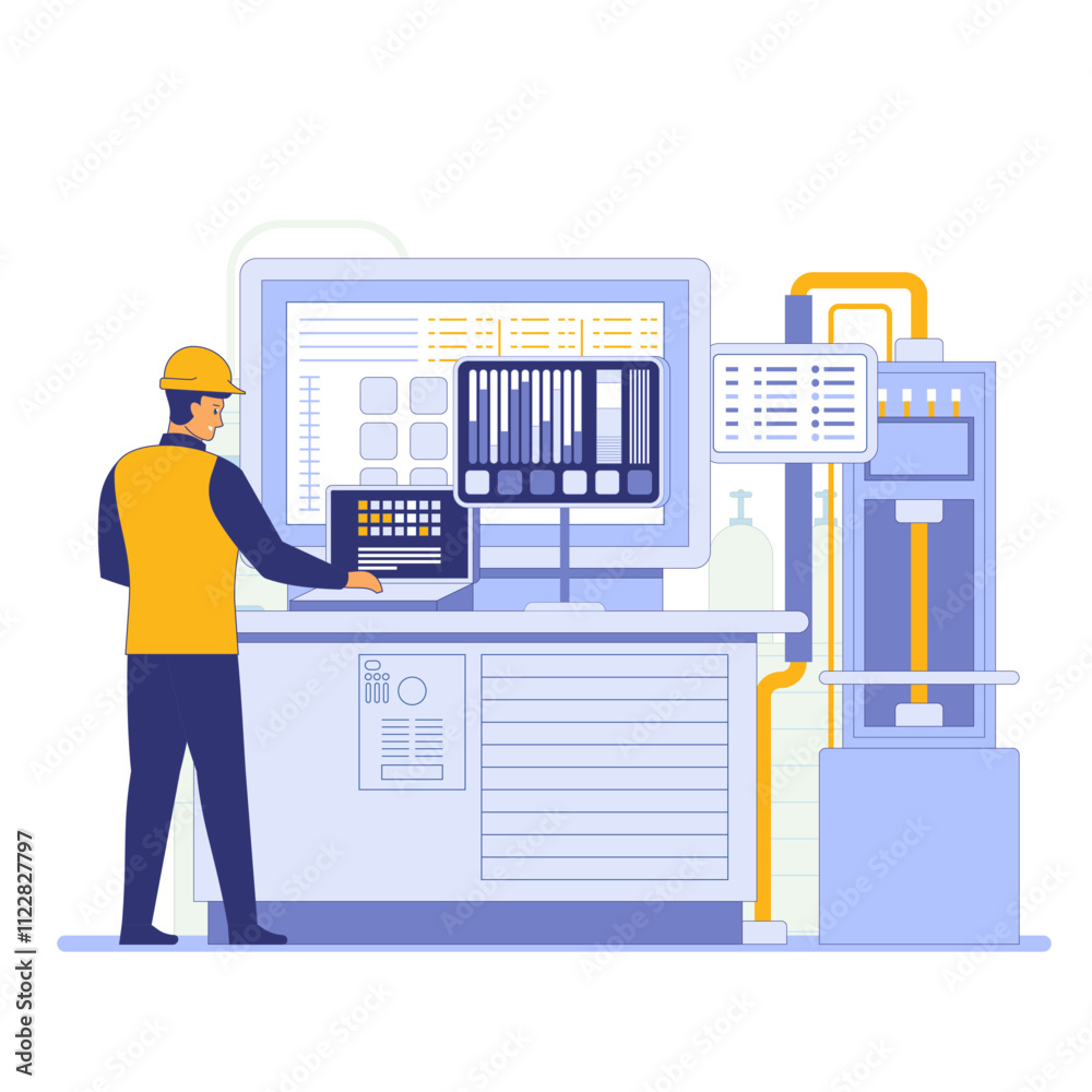 An engineer stands before a large control panel with multiple screens ...