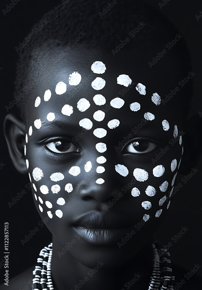 young African boy from Mursi tribe with striking white face paint ...