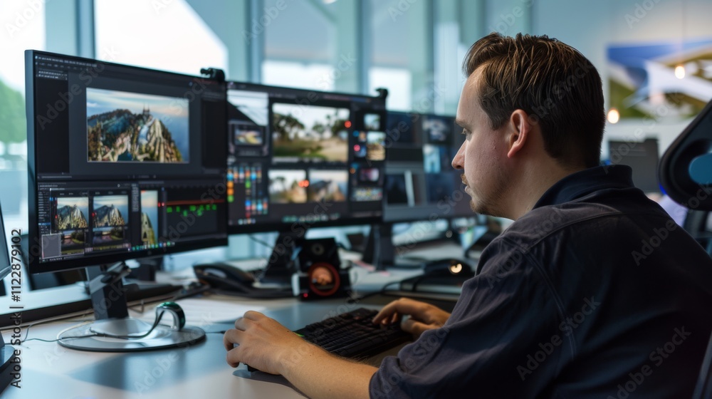 Video editor focused on a multi-monitor setup, fine-tuning visuals ...
