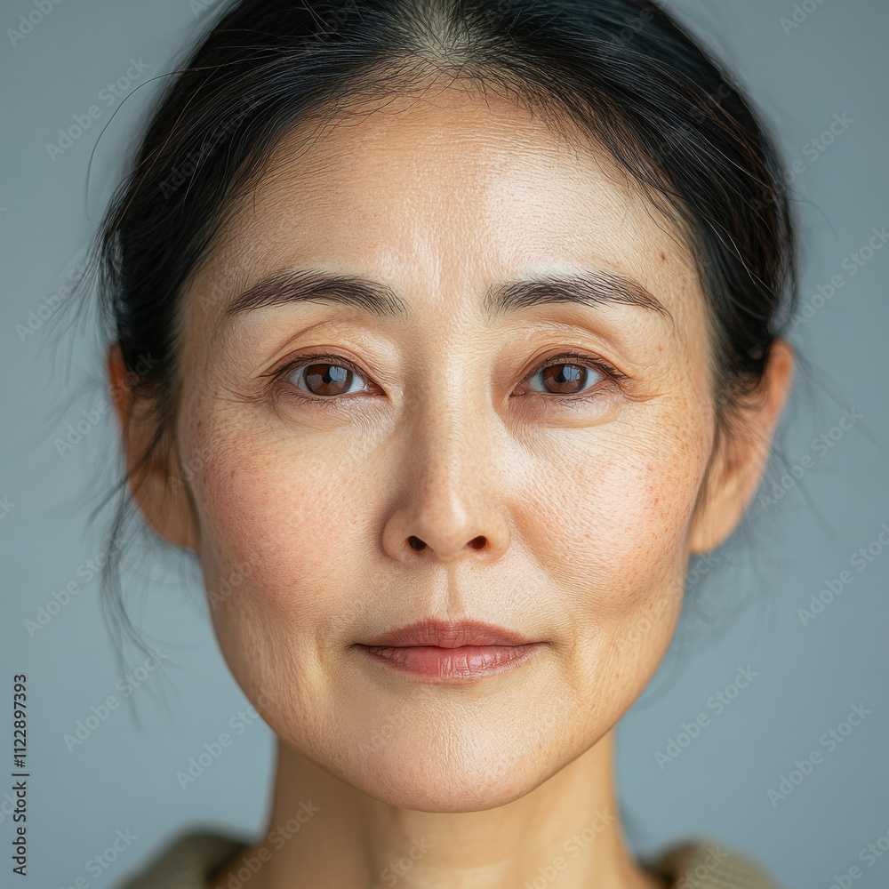 a 47-year-old woman with noticeable skin texture and bumps on her face ...