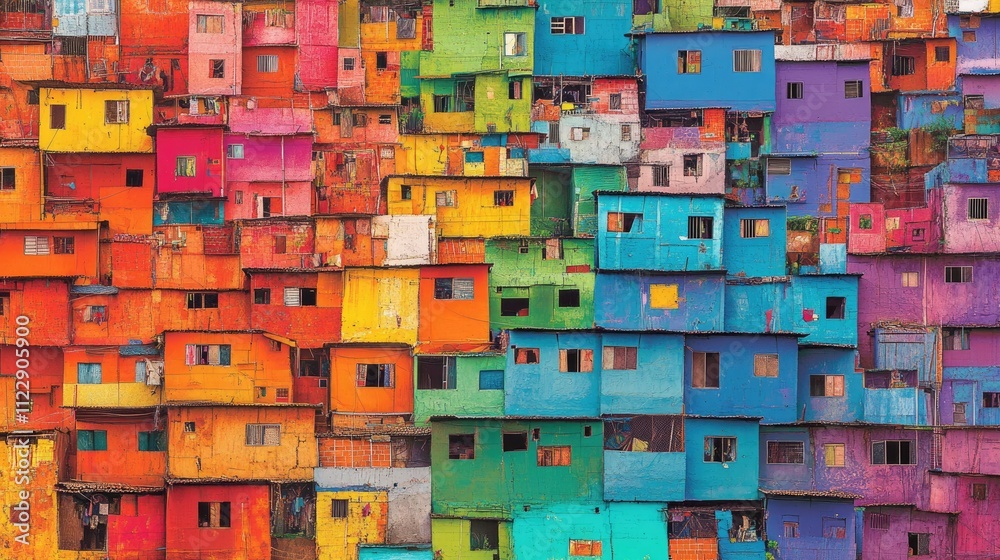 Colorful buildings stacked on the hillside of a Brazilian favela in ...