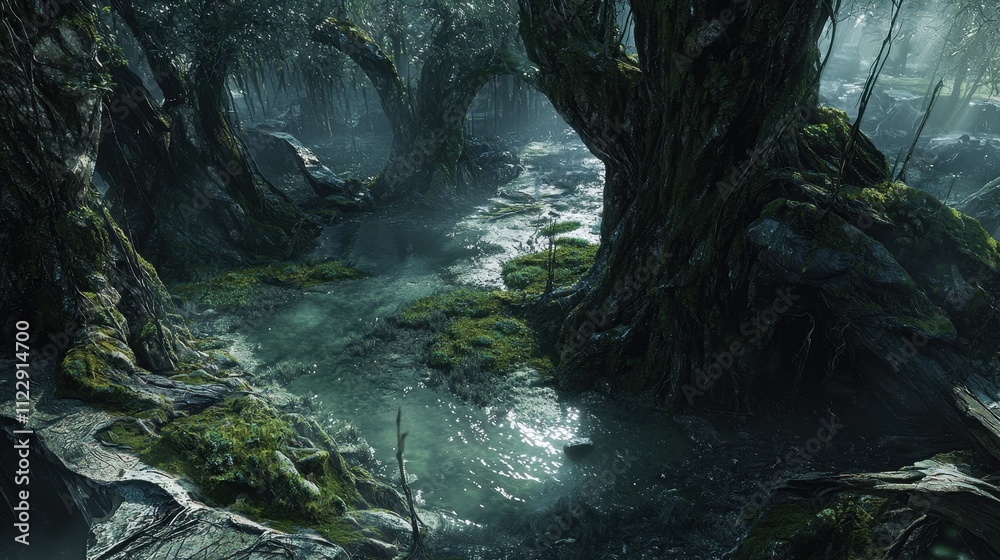 Twisted Swamp Battle Scene with Shadowy Trees and Mysterious Map ...