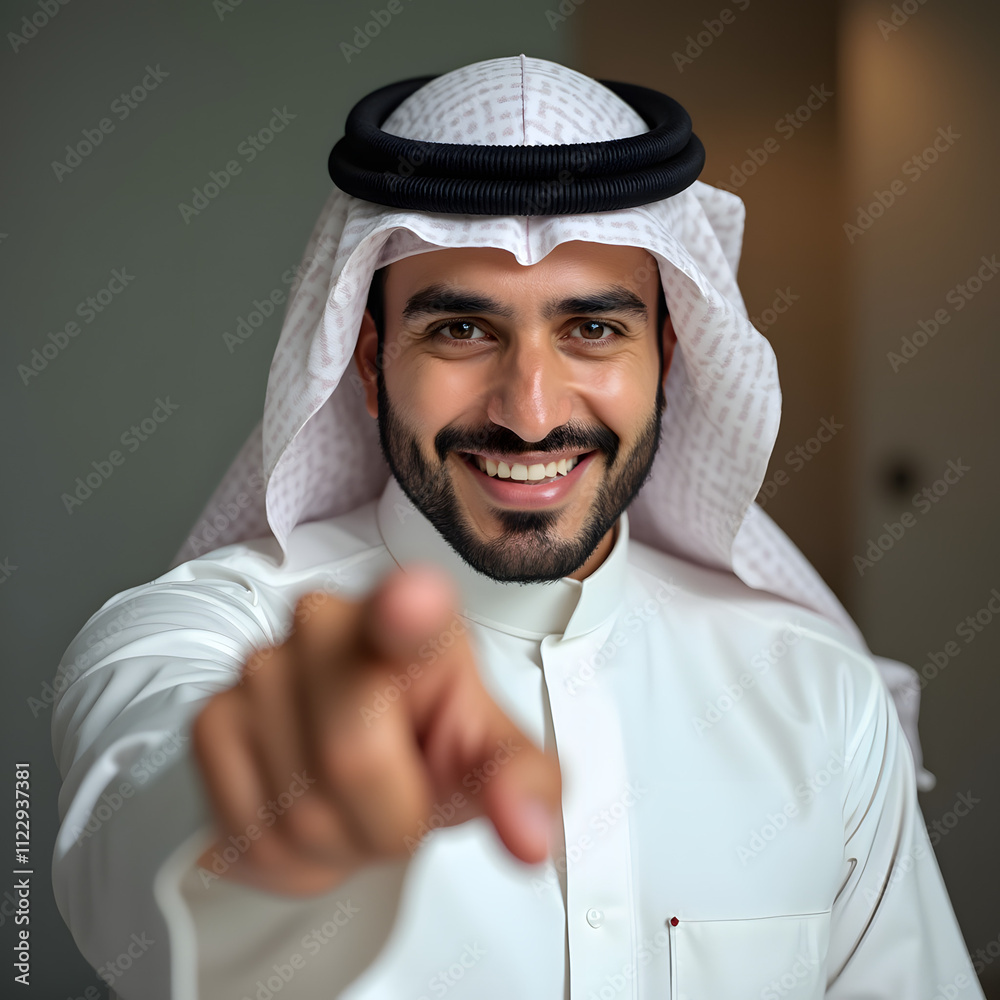 Pointing to something, looking at the camera with gestures of happiness ...