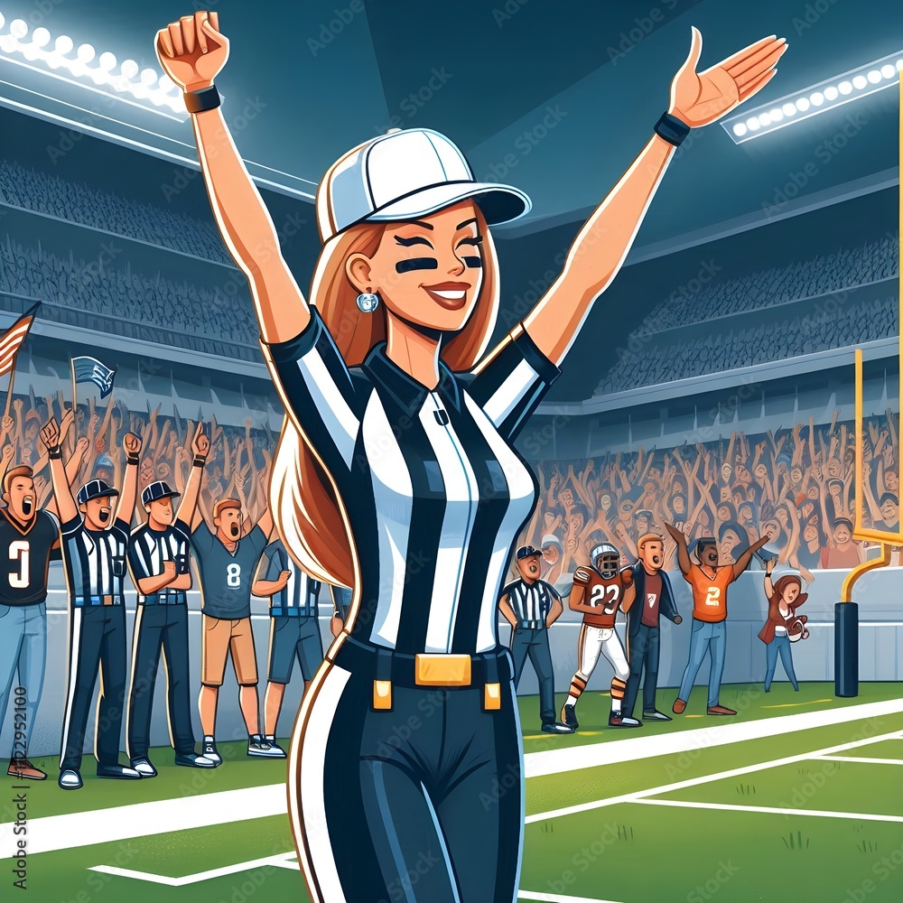 An NFL referee holding up both arms signaling a touchdown, with fans ...