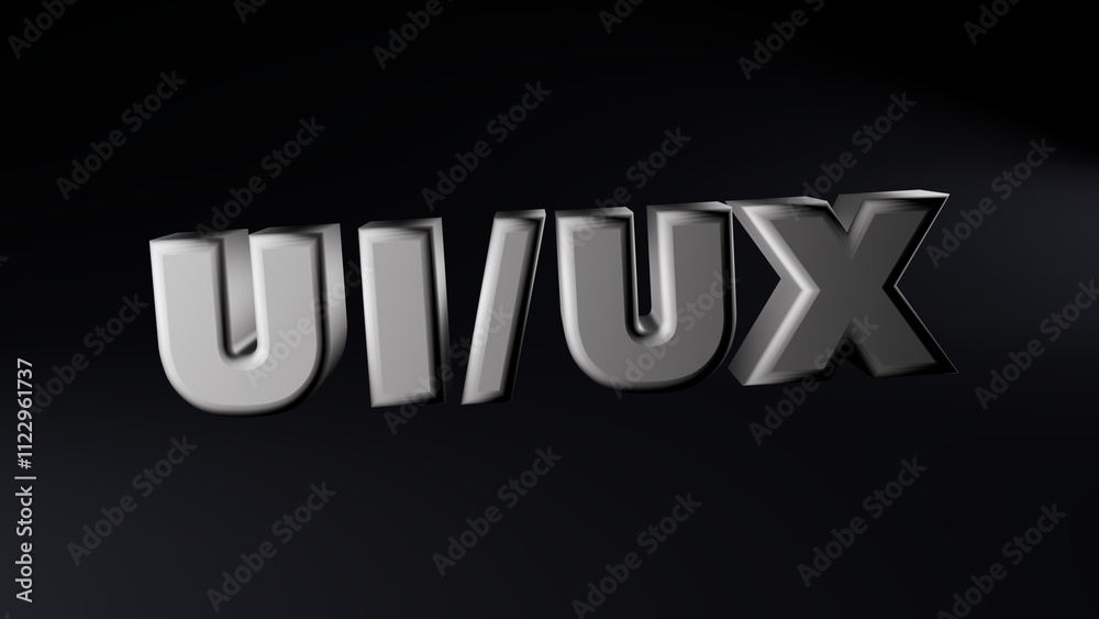 3D text UX/UI design from metal texture on black background in close-up ...