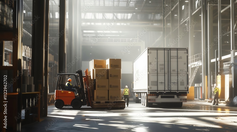 Forklift operator moving pallets in warehouse with truck waiting Stock ...