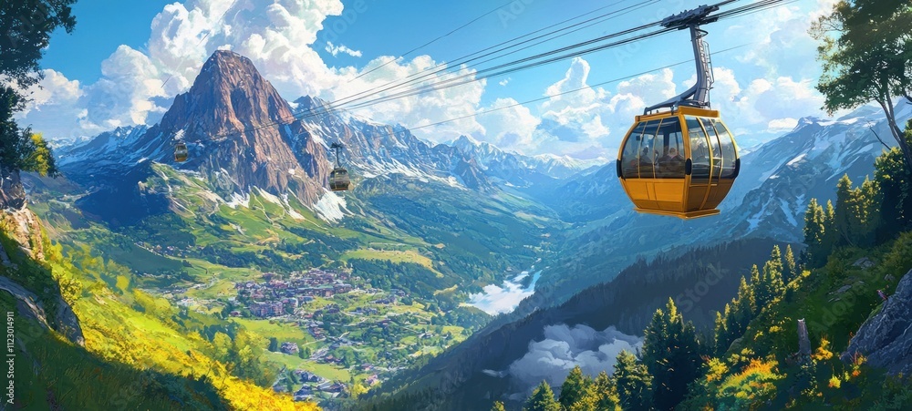Breathtaking Alpine Vista: Cable Car Ride Over Majestic Mountains and ...