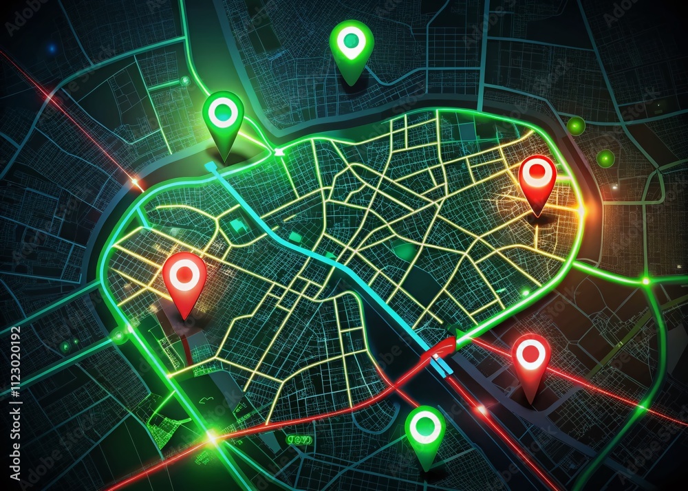 Night Photography of a Simplified Map with Two Location Labels in Green ...