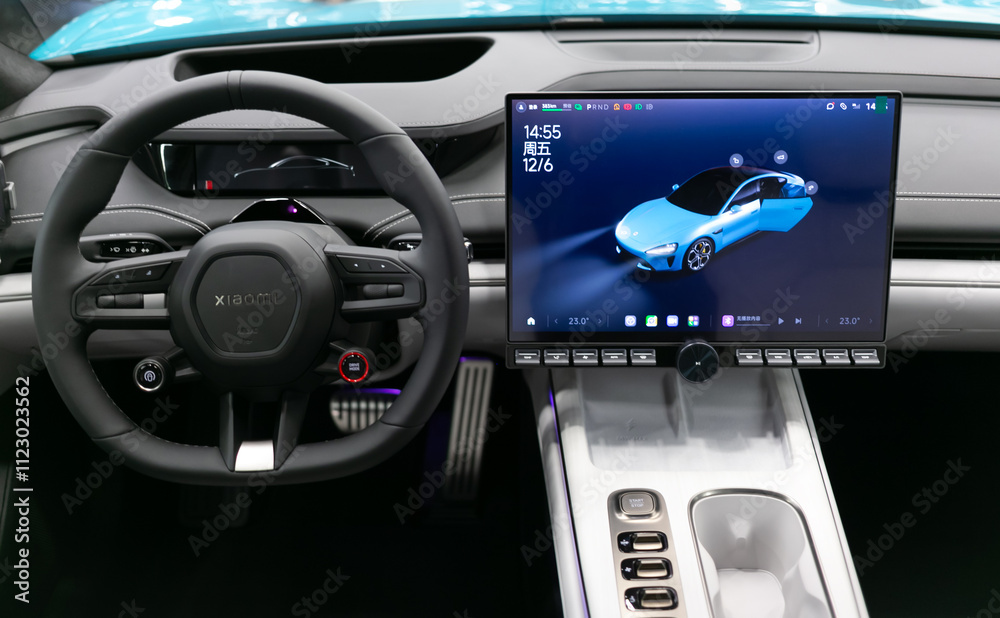 Xiaomi SU7 car from the China brand. Luxury car interior, steering ...