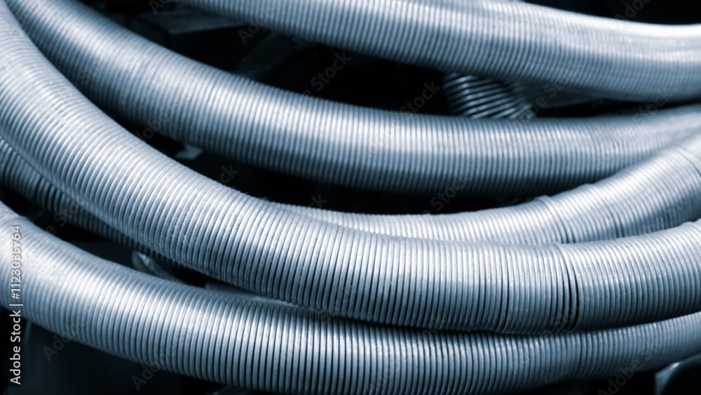 A long silver pipe is shown in the image. It is bent and twisted. The ...