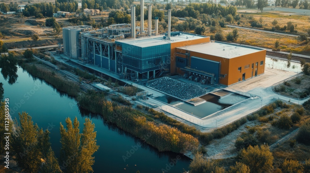 Elevated view of waste-to-energy plant with modern architecture and ...