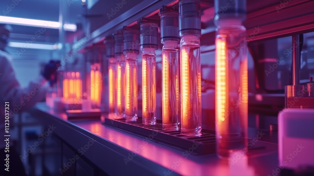 Engineers examining hydrogen fuel cells in a modern zero-emission ...