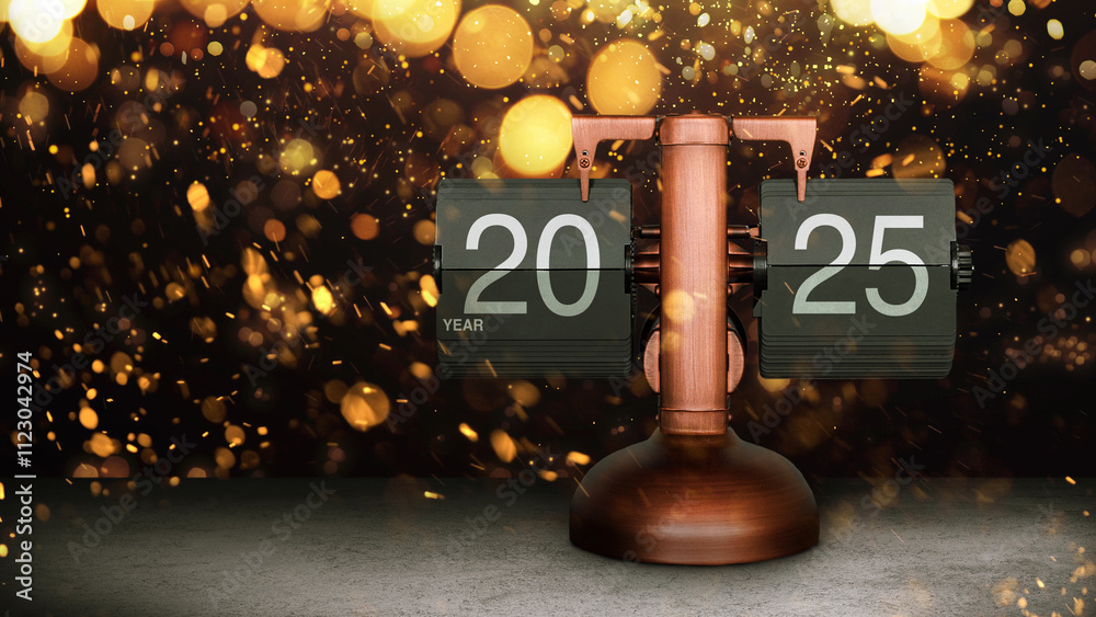 Vintage flip clock shows year 2025 on dark bokeh background with golden fireworks and lights ...
