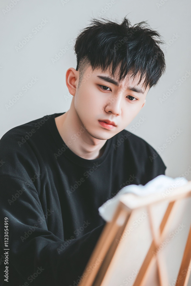 young Asian man early 20s wiping crumbs off his standing desk with a ...